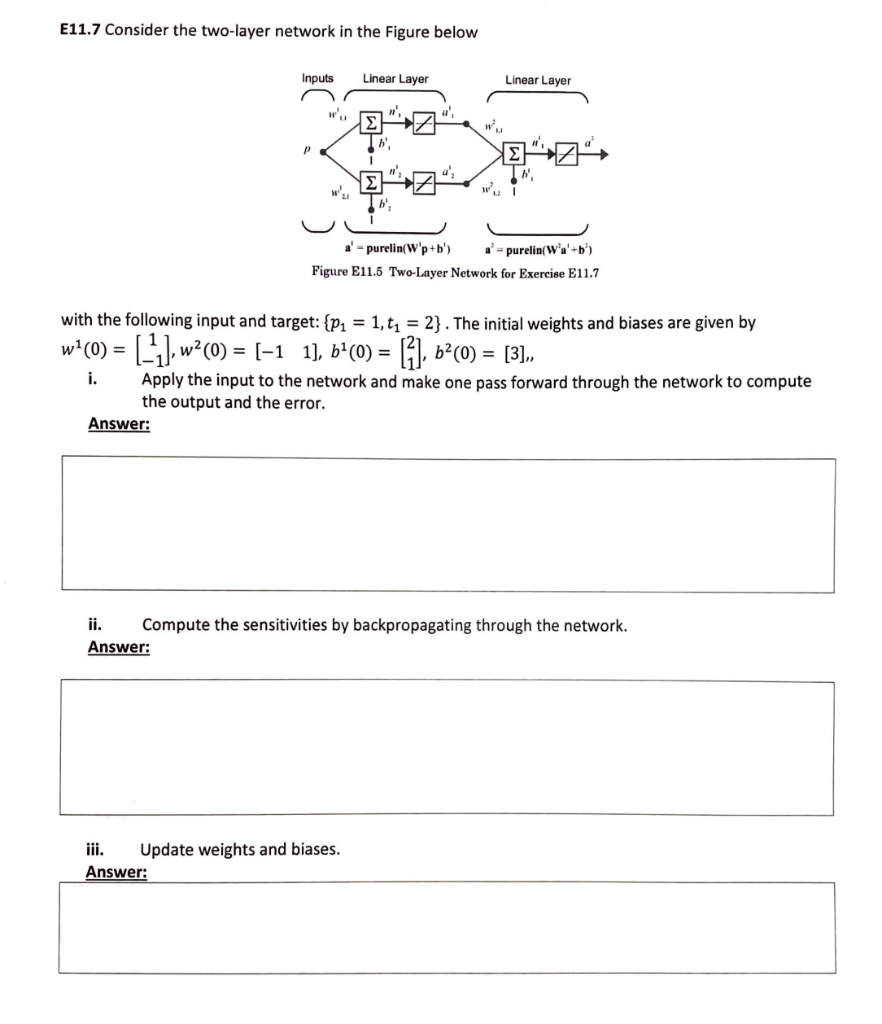 Solved E11.7 Consider the two-layer network in the Figure | Chegg.com