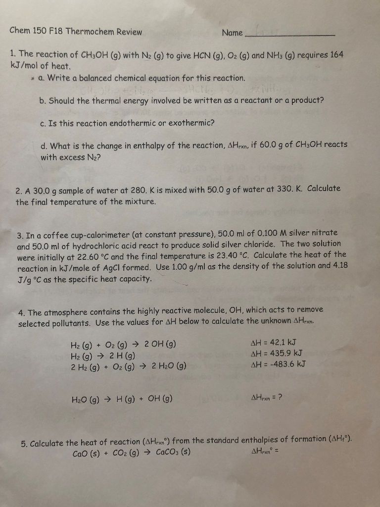 Solved Chem 150 F18 Thermochem Review Name 1. The reaction | Chegg.com
