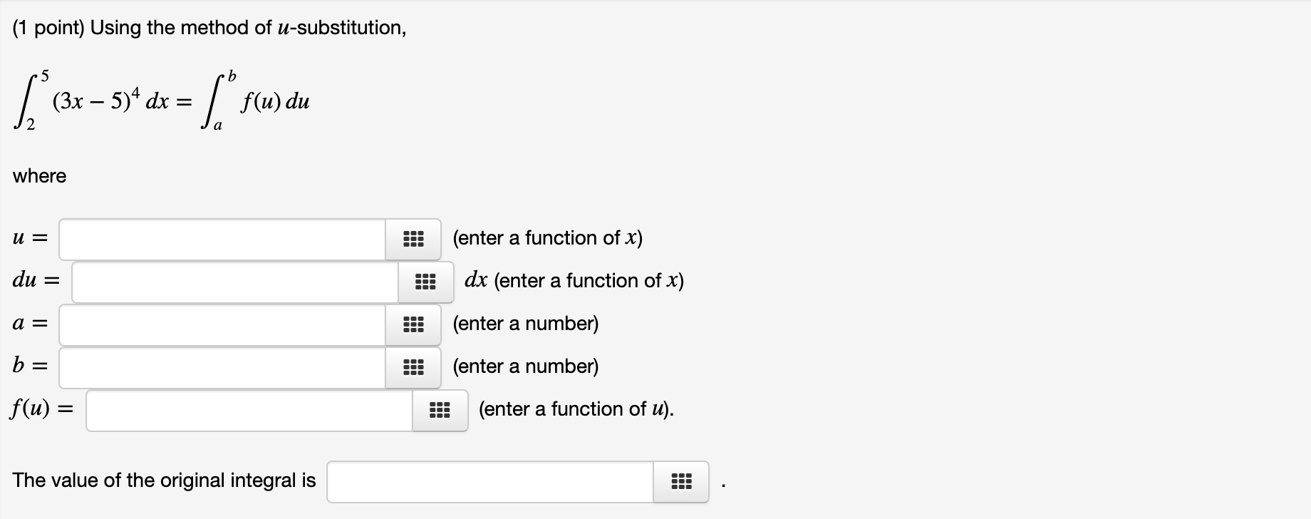Solved (1 point) Using the method of u-substitution, 5 | Chegg.com