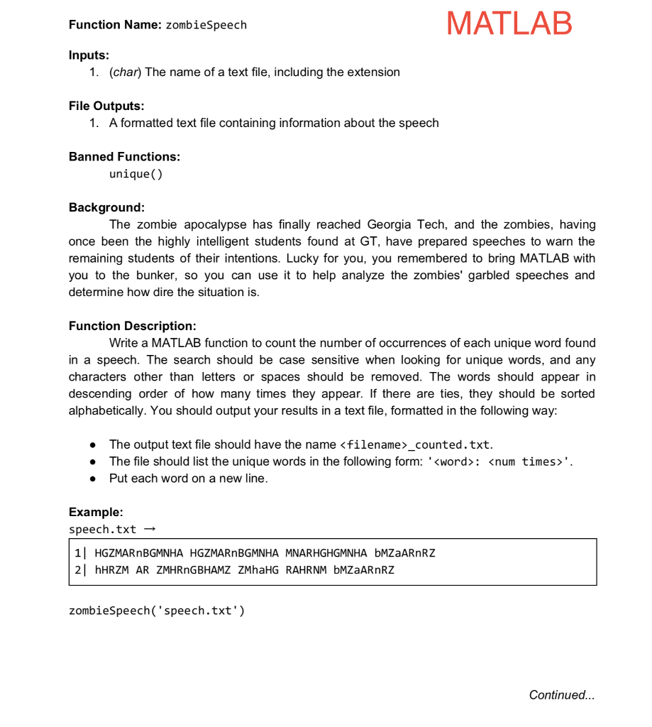 Solved MATLAB Function Name: zombieSpeech Inputs 1. (char) | Chegg.com