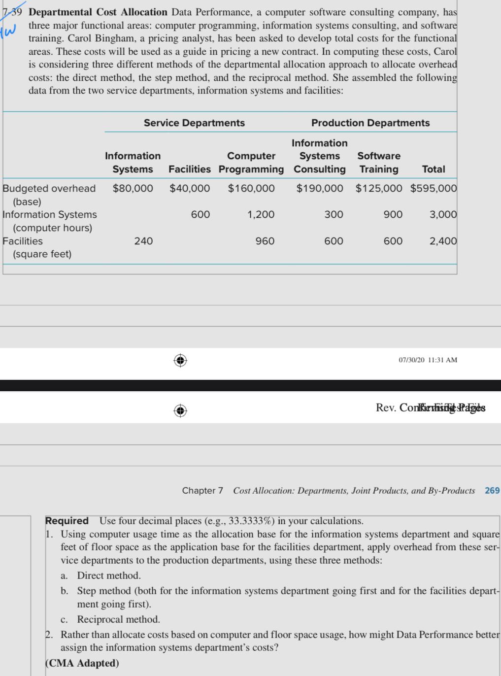 Solved 9 Departmental Cost Allocation Data Performance, a | Chegg.com