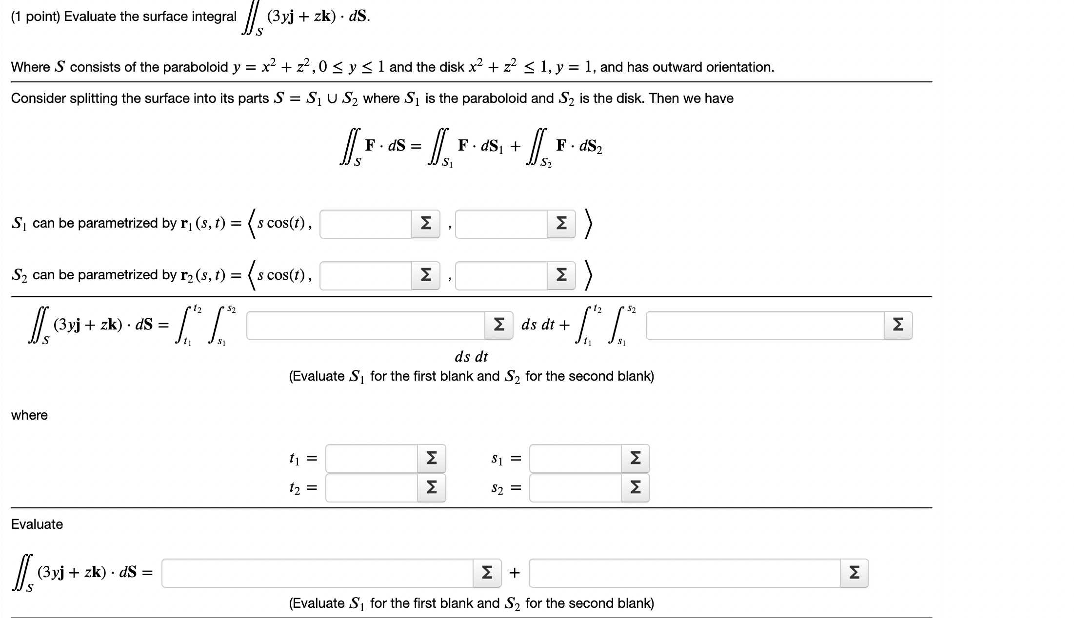Solved (1 point) Evaluate the surface integral ∬S(3yj+zk)⋅dS | Chegg.com