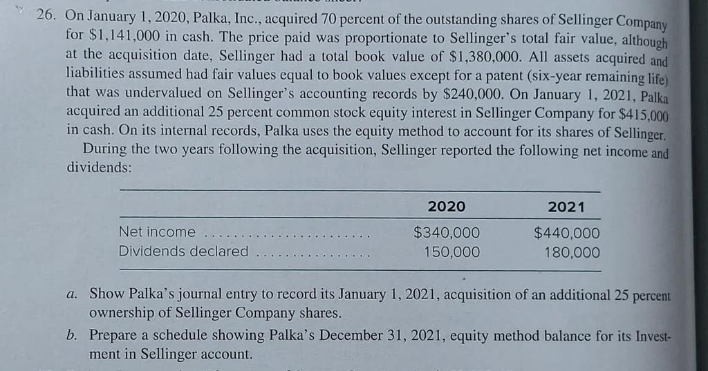 Solved 26. On January 1, 2020, Palka, Inc., acquired 70 | Chegg.com
