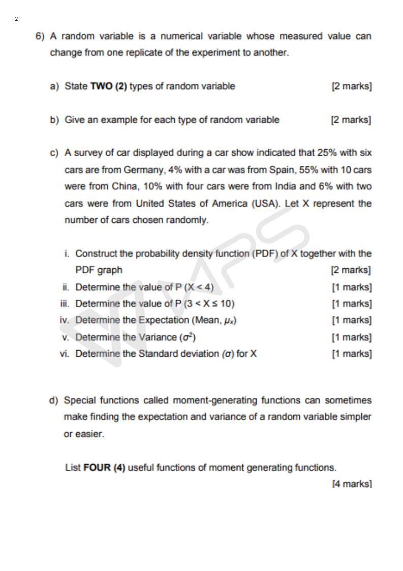 Solved 6) A random variable is a numerical variable whose | Chegg.com