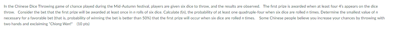 In the Chinese Dice Throwing game of chance played | Chegg.com