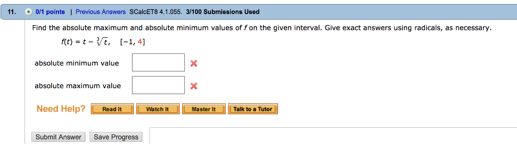 Solved 11. 0/1 points| Previous Answers SCalcET8 4.1.055. | Chegg.com