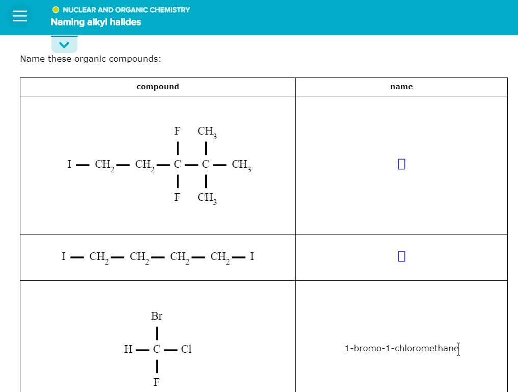 Solved O NUCLEAR AND ORGANIC CHEMISTRY Naming alkyl halides | Chegg.com Solved O NUCLEAR AND ORGANIC CHEMISTRY Naming alkyl halides | Chegg.com