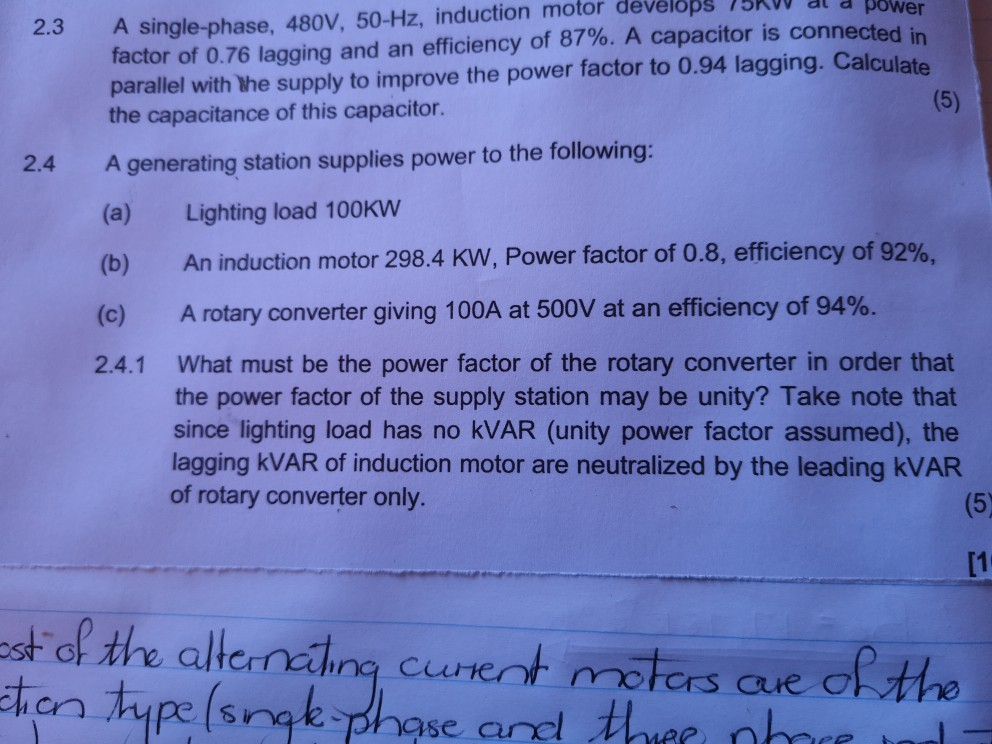 Solved 2.3 A single-phase. 480V, 50-Hz. induction motor | Chegg.com