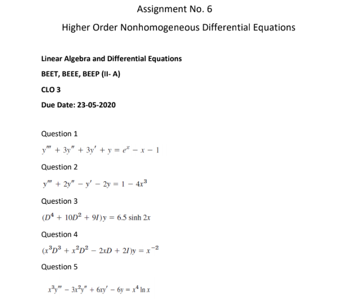 Solved Assignment No 6 Higher Order Nonhomogeneous
