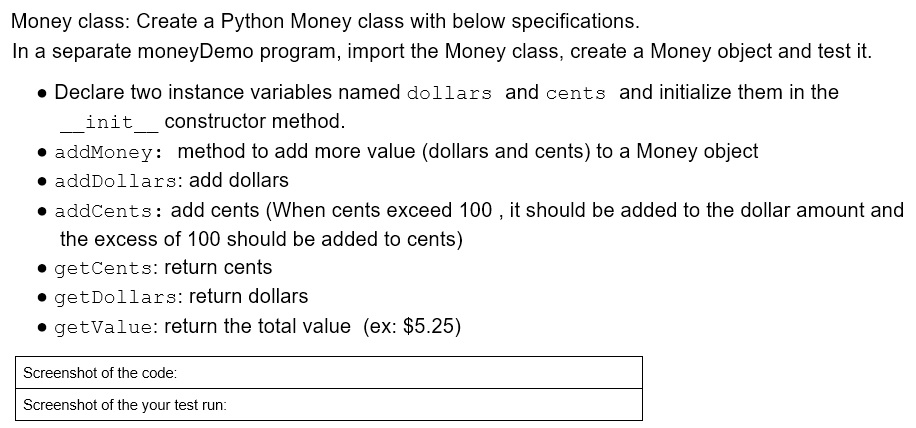 Solved [PYTHON] Money class: Create a Python Money class | Chegg.com