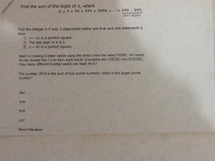 Solved Find the sum of the digits of A, where A 9+99+ 999+ | Chegg.com