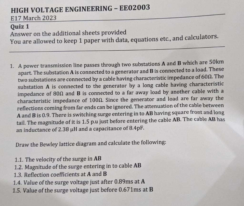 HIGH VOLTAGE ENGINEERING - EE02003 E17 March 2023 | Chegg.com