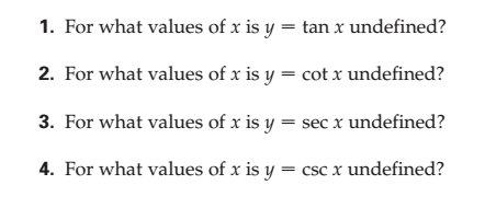 Solved 1. For what values of x is y = tan x undefined? 2. | Chegg.com