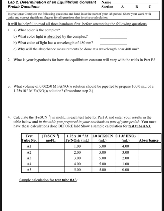 Lab 2. Determination of an Equilibrium Constant | Chegg.com