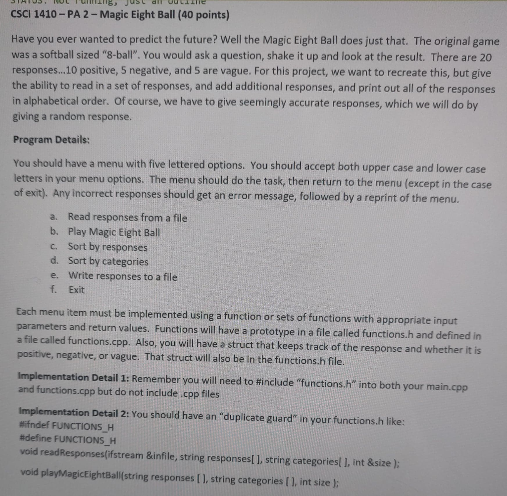 STATUS. NUL Tuning, just all Uulite CSCI 1410 - PA 2 | Chegg.com