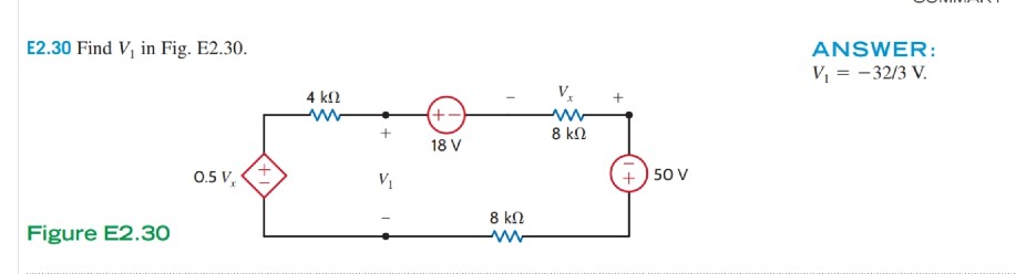Solved E2.30 Find V1 in Fig. E2.30. ANSWER: V1=−32/3 V. | Chegg.com