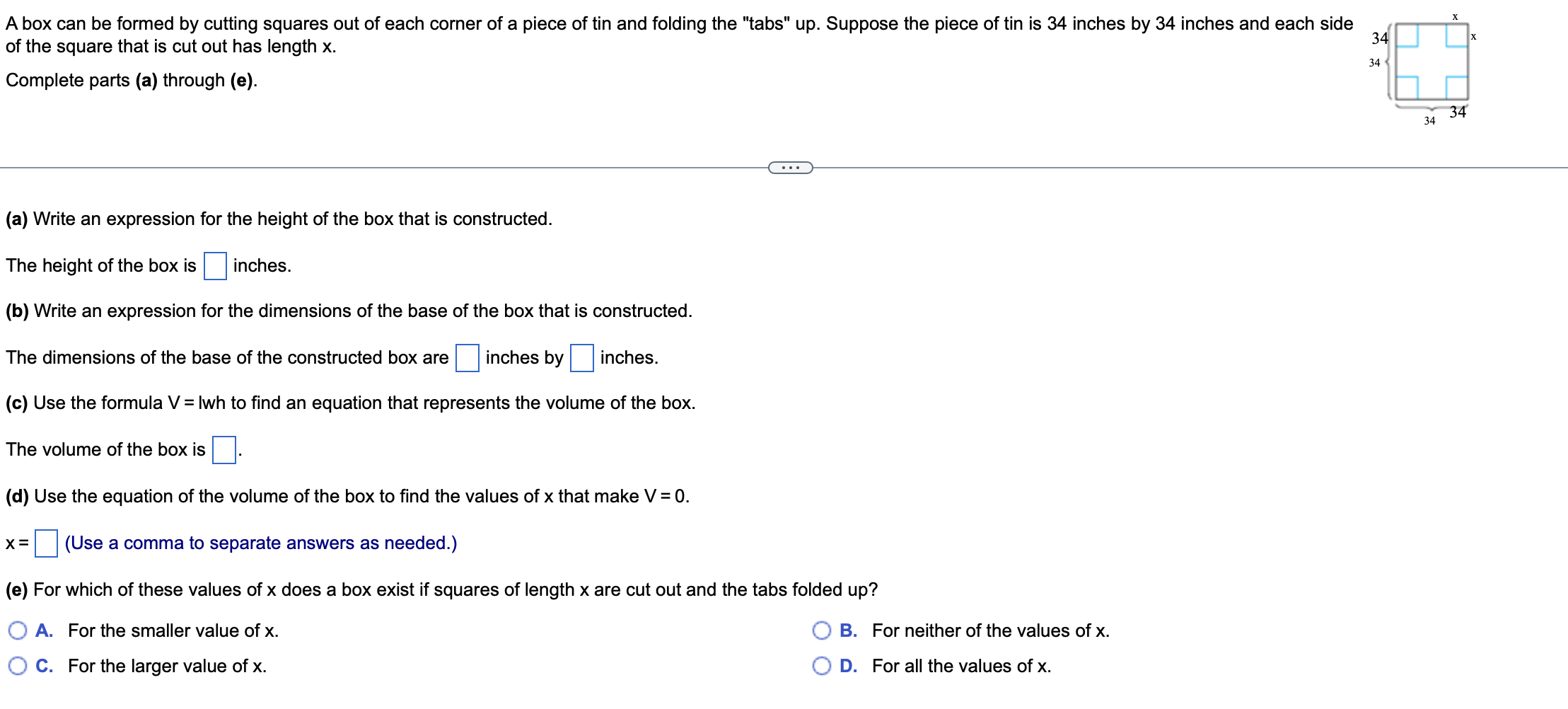 Solved A box can be formed by cutting squares out of each | Chegg.com