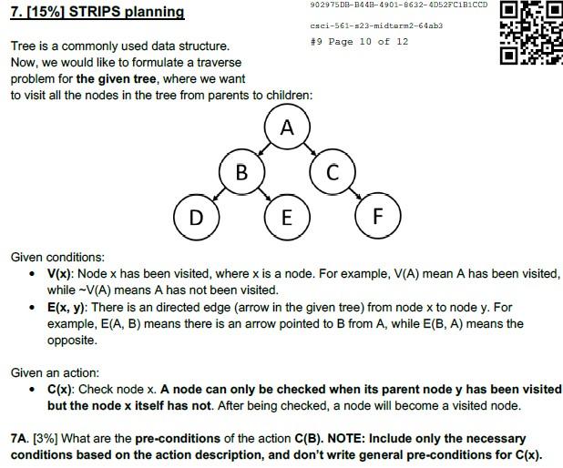 Solved 7. [15\%] STRIPS planning caci-561-s23-midtarm | Chegg.com