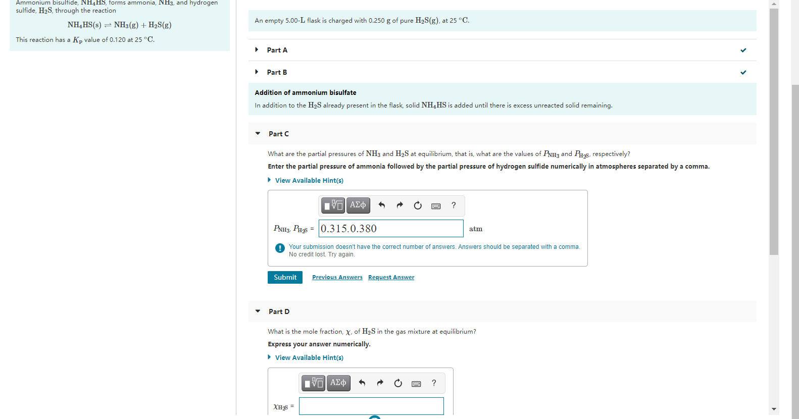 Solved Ammonium bisulfide, NH4HS, forms ammonia, NH3, and | Chegg.com