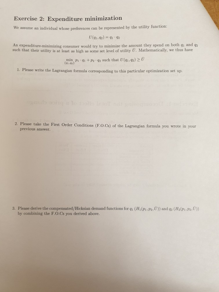 Solved Exercise 2: Expenditure minimization We assume an | Chegg.com