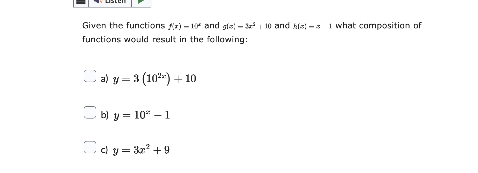 Solved Given the functions f(x)=10x and g(x)=3x2+10 and | Chegg.com