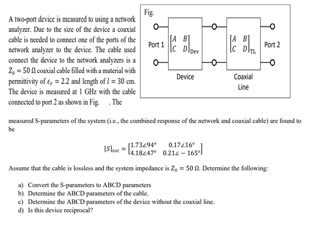 Solved A two-port device is measured to using a network | Chegg.com