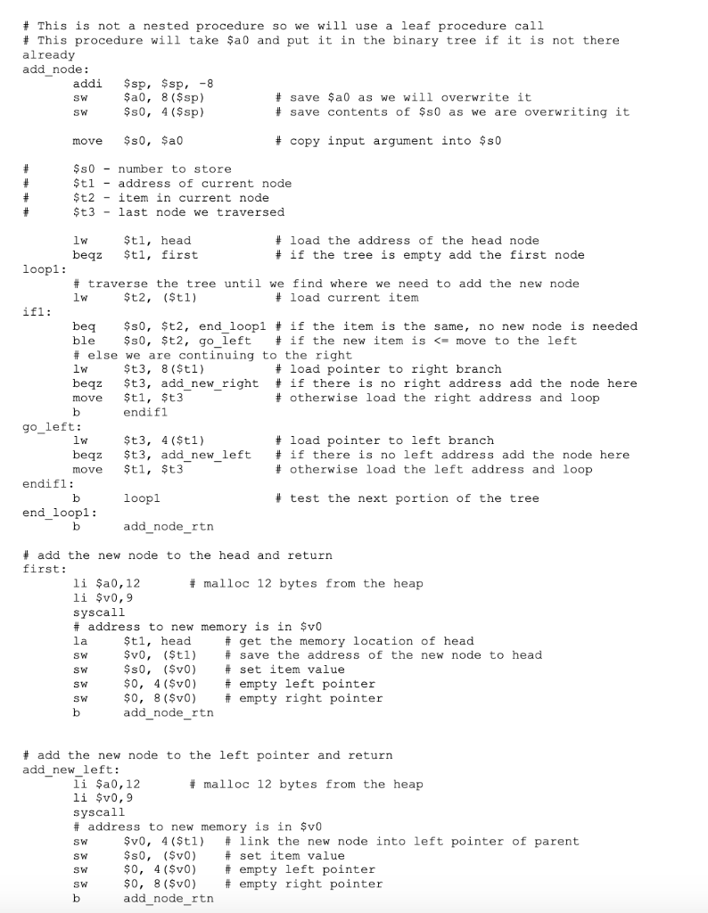 Solved You will find a MIPS assembly program BinTree.asm as | Chegg.com
