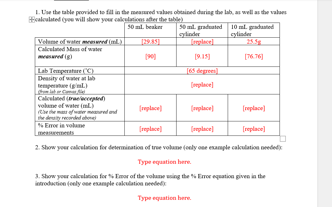 Solved 1. Use the table provided to fill in the measured | Chegg.com