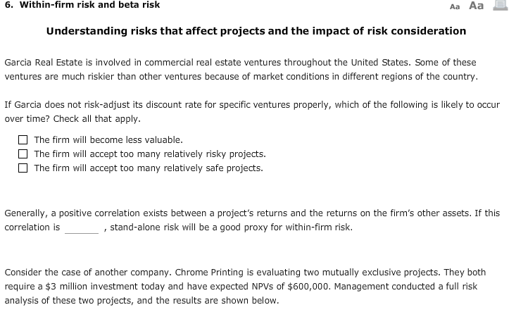 Solved 6. Within-firm risk and beta risk Aa Aa E | Chegg.com