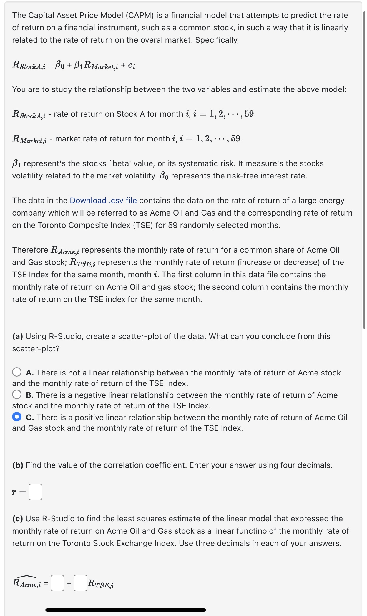 (d) The rate of return on the TSE Index for the month | Chegg.com