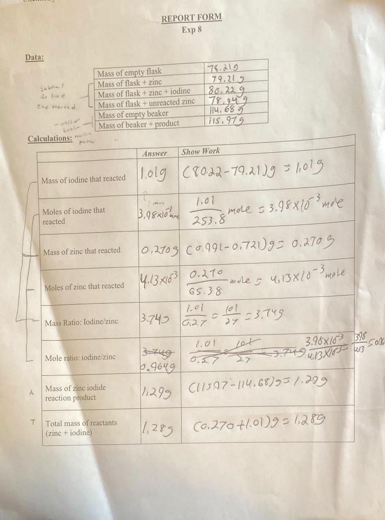 Solved REPORT FORM Exp8 Data: Subter i If find the reacred | Chegg.com