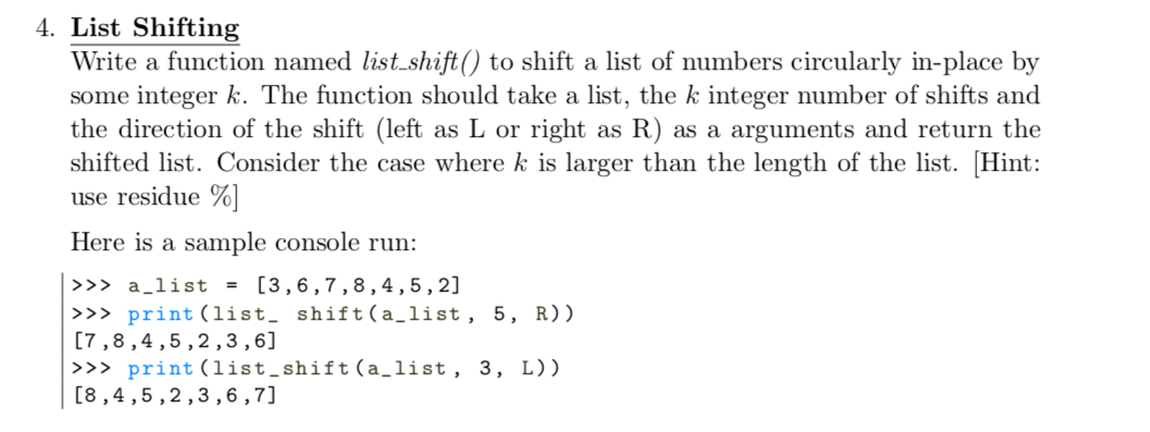 Solved 4. List Shifting Write a function named list_shift() | Chegg.com