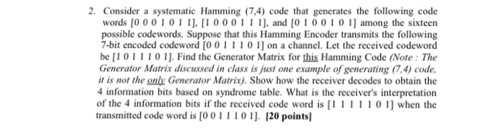 2. Consider a systematic Hamming (7,4) code that | Chegg.com
