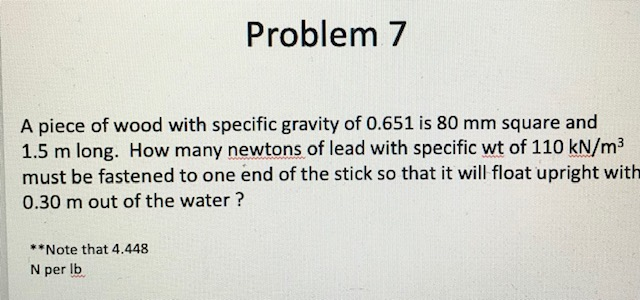 Solved Problem 7 A piece of wood with specific gravity of | Chegg.com