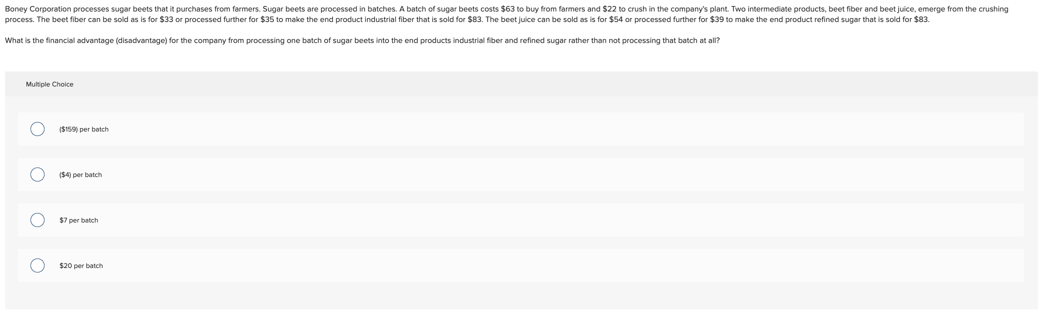 Solved Multiple Choice (\$159) per batch (\$4) per batch $7 | Chegg.com
