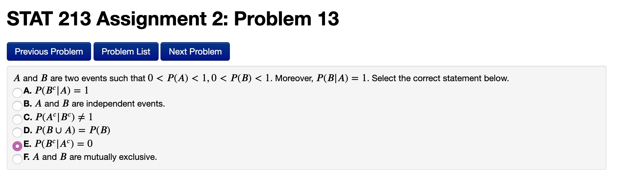 Solved STAT 213 Assignment 2: Problem 12 Previous Problem | Chegg.com