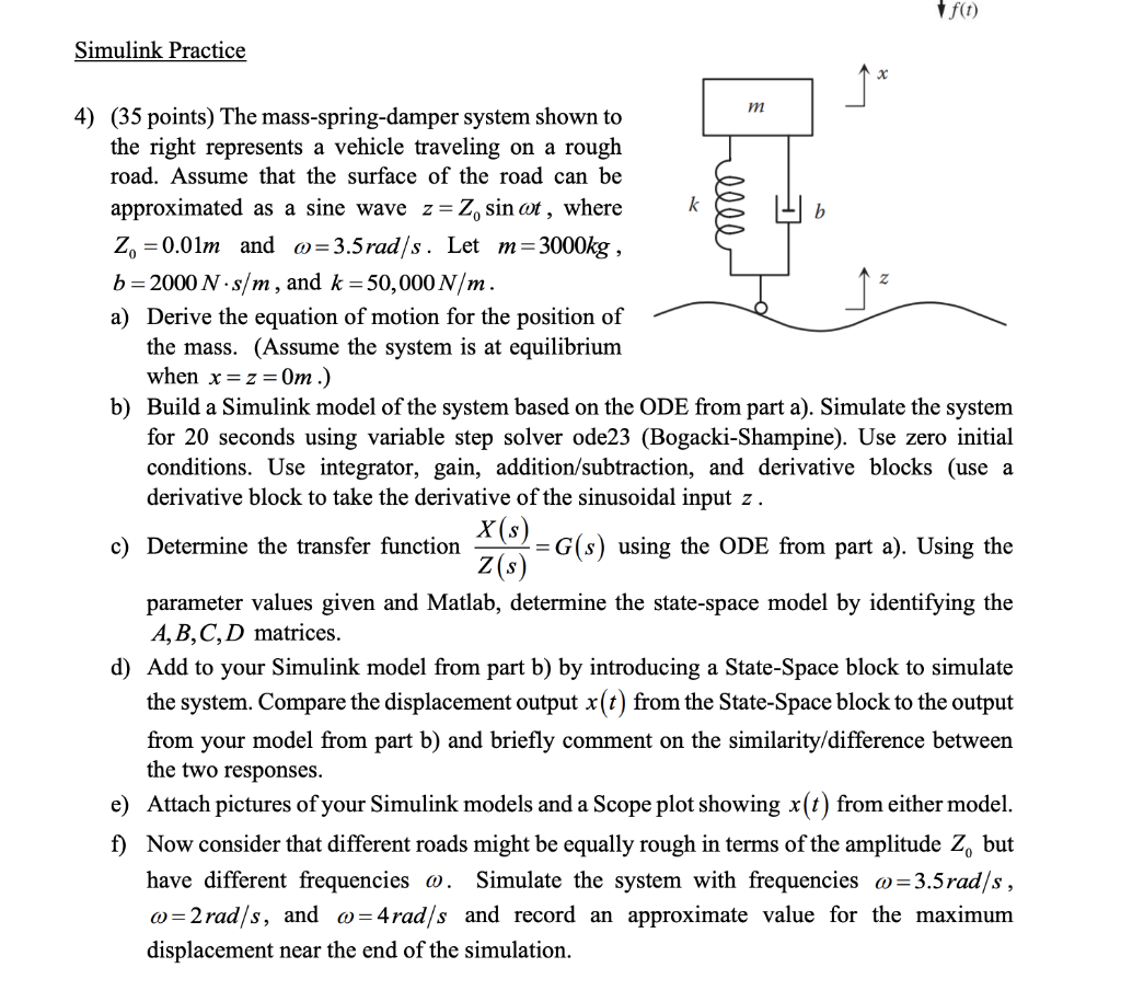 Solved f(t) Simulink Practice m k llll 4) (35 points) The | Chegg.com