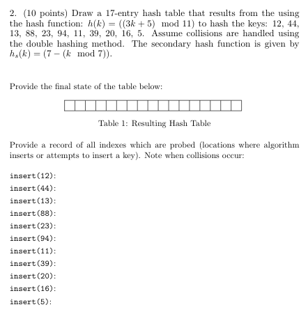 Solved 2. (10 points) Draw a 17-entry hash table that | Chegg.com