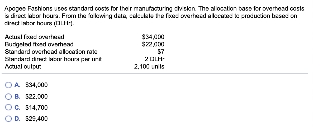 Solved Apogee Fashions uses standard costs for their | Chegg.com