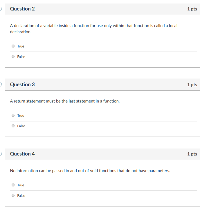 Solved Question 2 1 pts A declaration of a variable inside a | Chegg.com