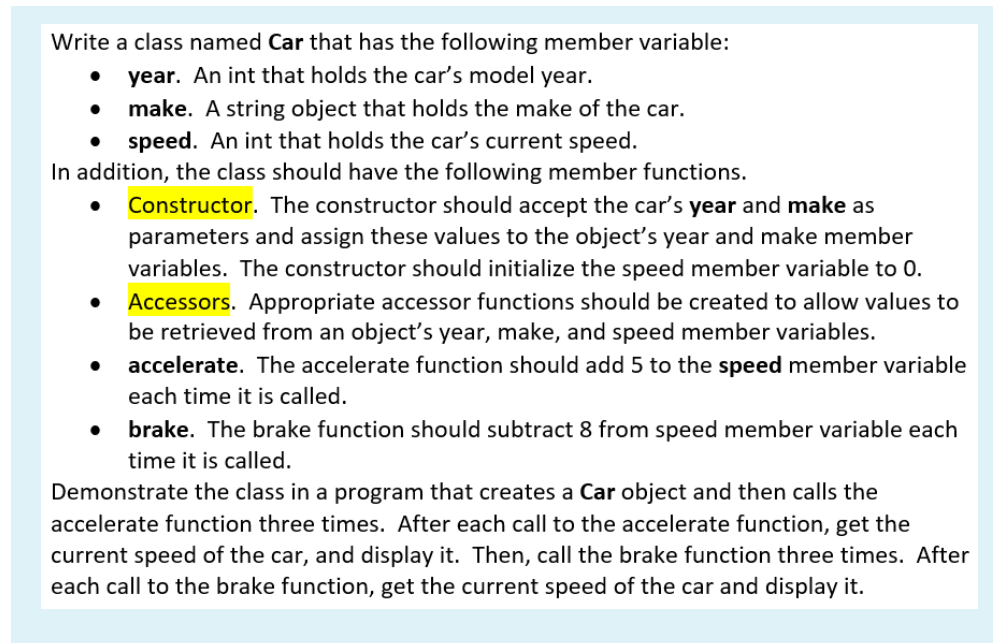 Solved . . . . Write a class named Car that has the | Chegg.com