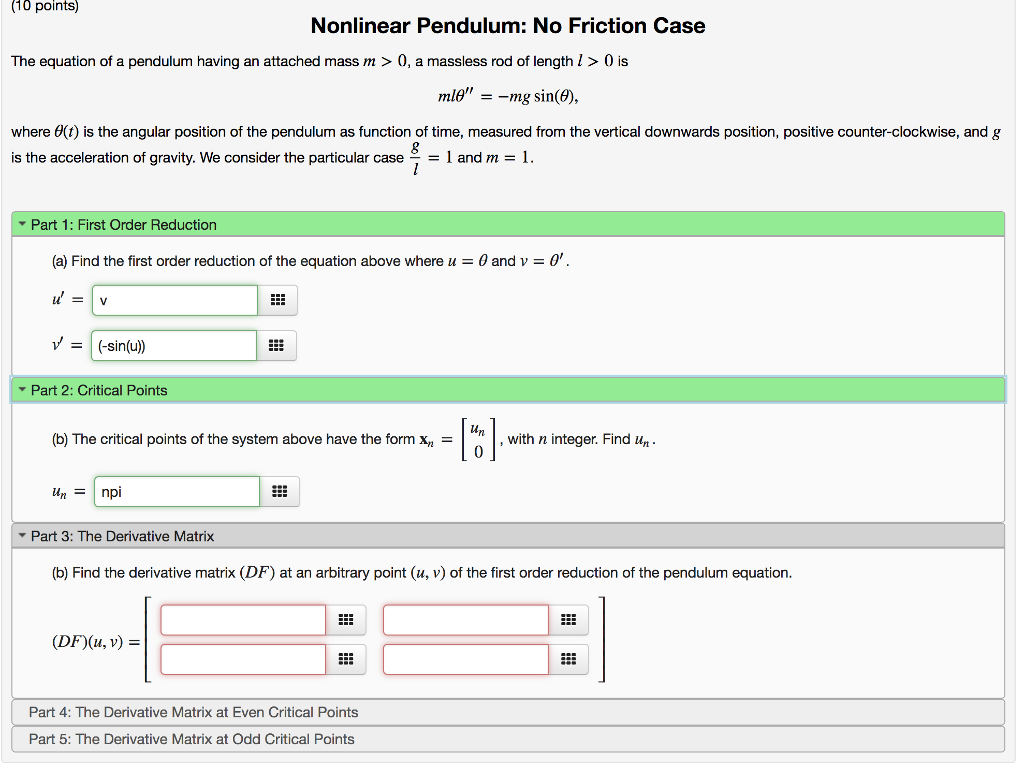 Solved (10 points) Nonlinear Pendulum: No Friction Case The | Chegg.com