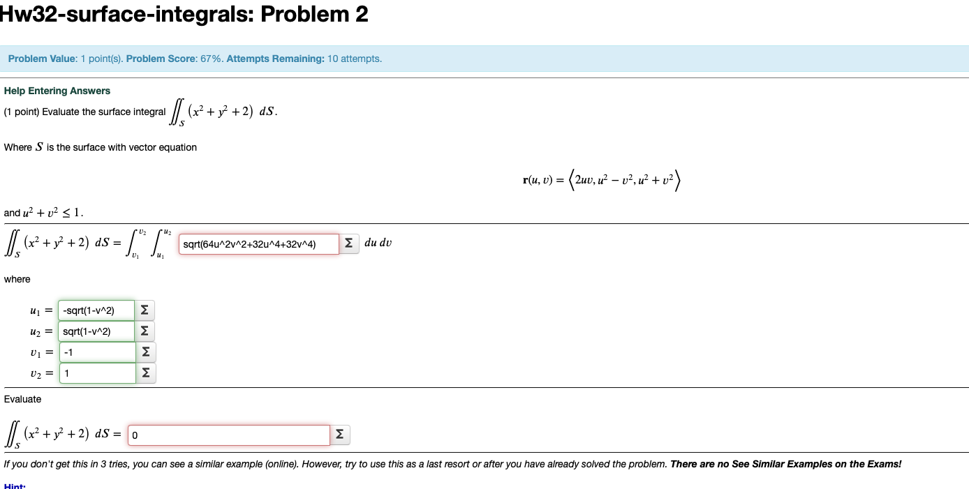 Solved Hw32-surface-integrals: Problem 2 Problem Value: 1 | Chegg.com