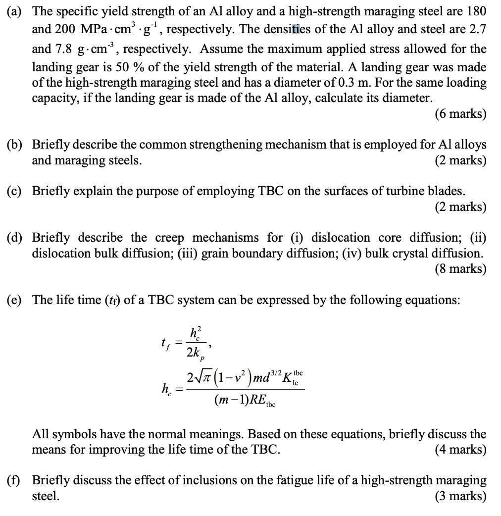 Solved (a) The specific yield strength of an Al alloy and a | Chegg.com