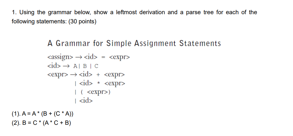 Solved 1 Using The Grammar Below Show A Leftmost 
