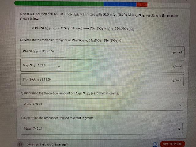 Solved A 55.0 mL solution of 0.650MPb(NO3)2 was mixed with | Chegg.com