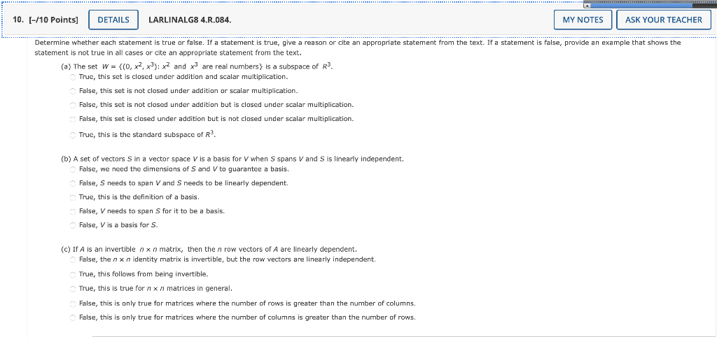 Solved 10. (-/10 Points] DETAILS LARLINALG8 4.R.084. MY | Chegg.com