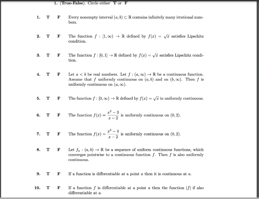 Solved 1 True False Circle Either Tor F 1 T F Every 