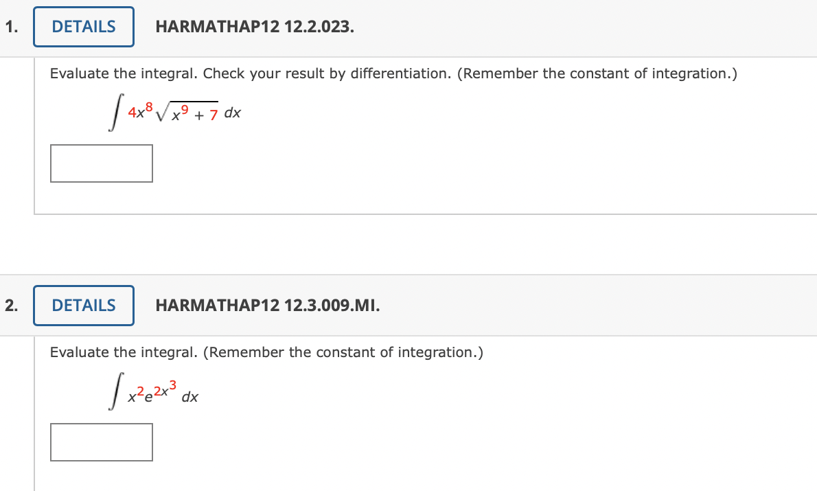 Solved HARMATHAP12 12.2.023. Evaluate the integral. Check | Chegg.com