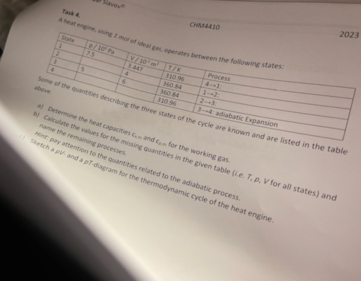 Solved Task 4 .A heat engine, using 1mol of ideal gas, | Chegg.com